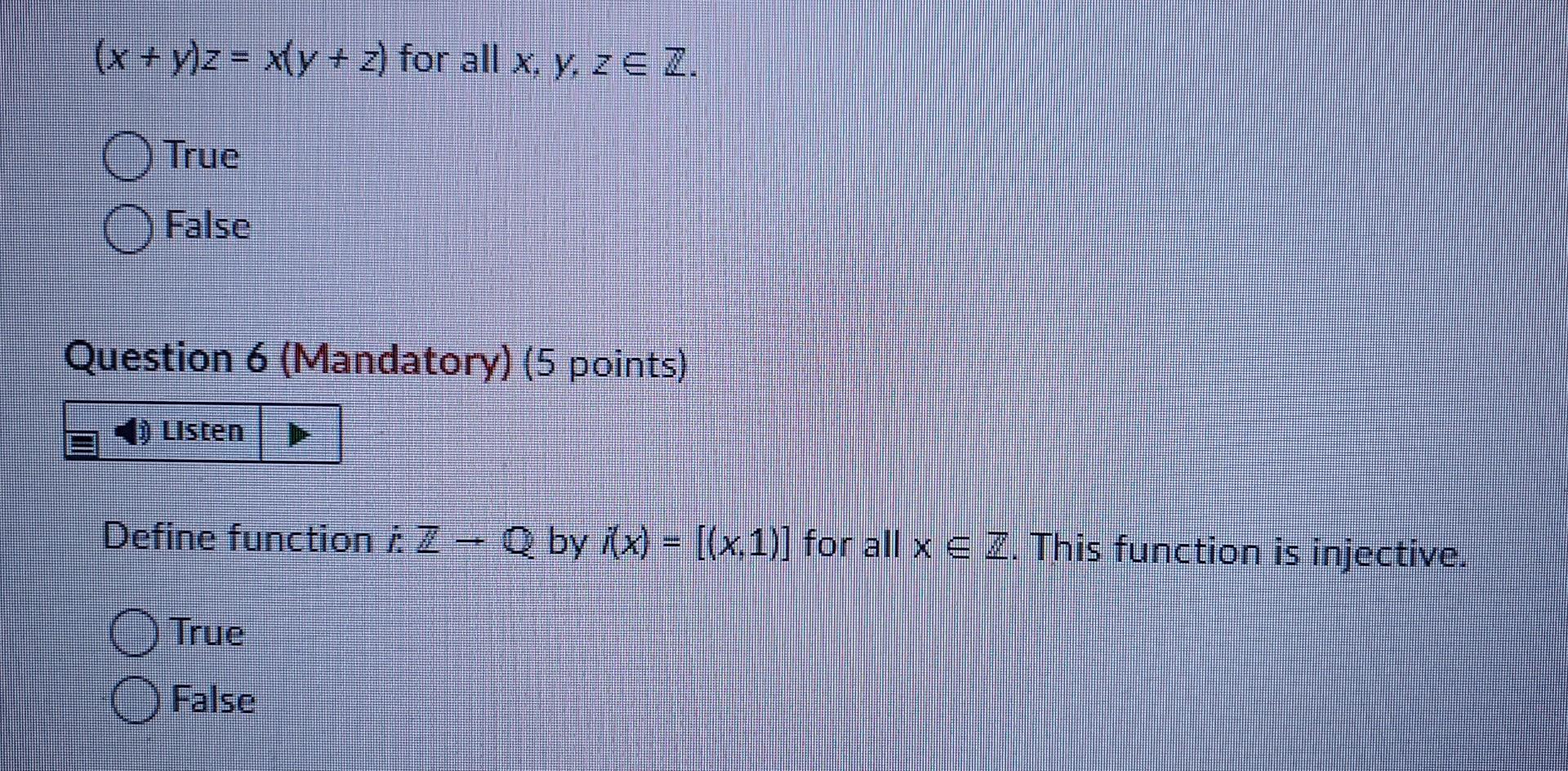 Solved (x + y)2 = x(y + z) for all x, y, ze Z. True False | Chegg.com