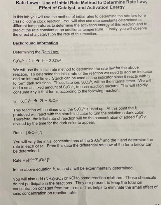 Solved Lab 4 Rate Laws Use Of Initial Rate Method To