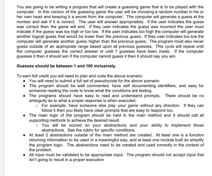 Solved 7:20 LTE X Reverse Guessing Game Projec... ... You | Chegg.com