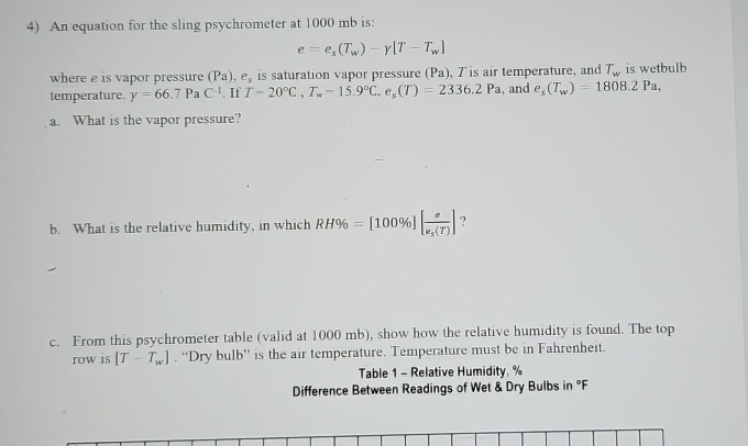 Solved An equation for the sling psychrometer at 1000mb | Chegg.com