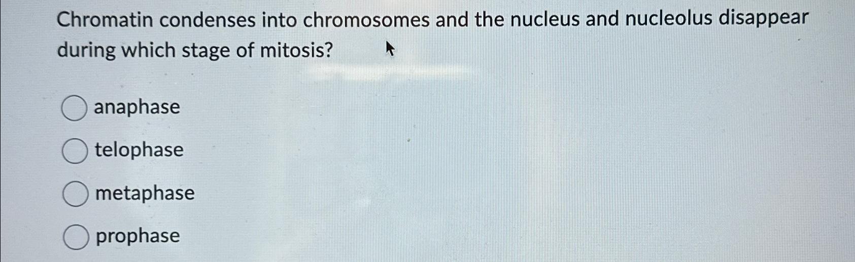 Solved Chromatin condenses into chromosomes and the nucleus | Chegg.com