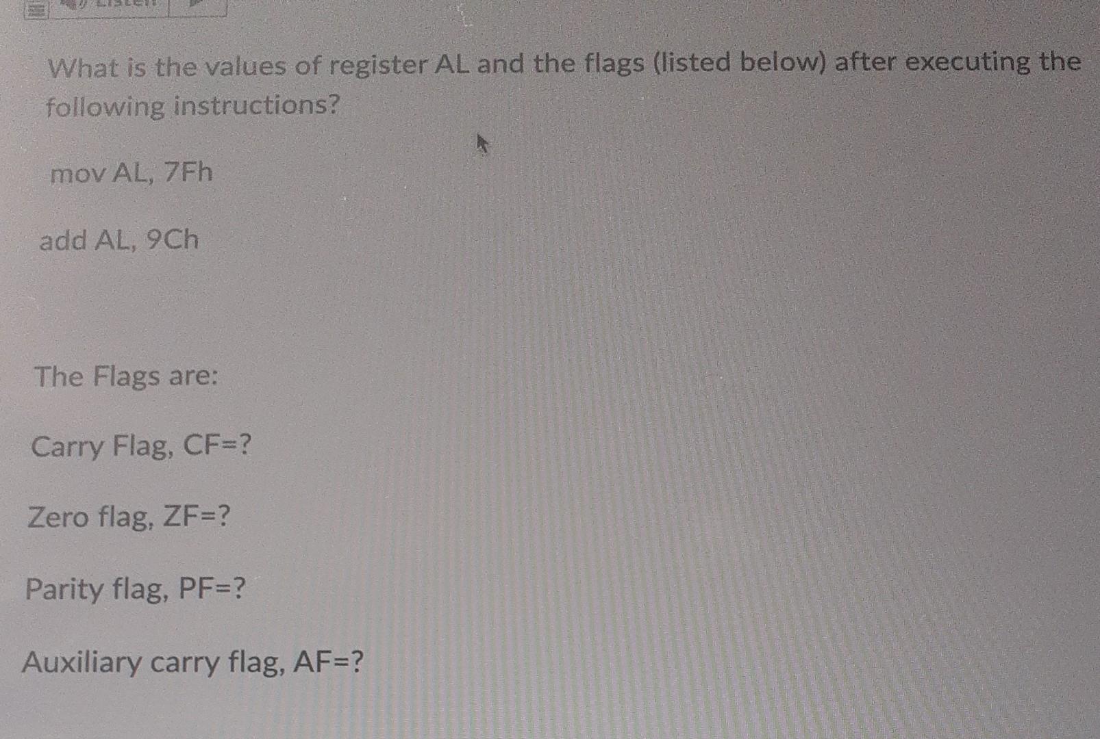 Solved What is the values of register AL and the flags | Chegg.com