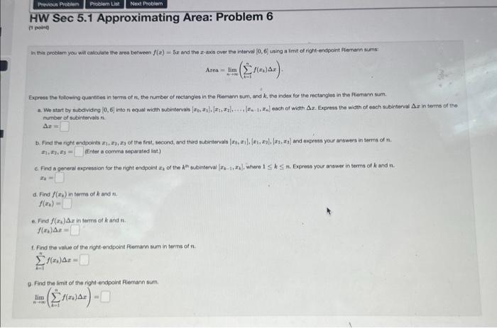 Solved HW Sec 5.1 Approximating Area: Problem 6 a poine In | Chegg.com