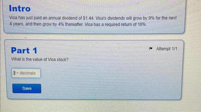 Solved Visa has just paid an annual dividend of $1.44. | Chegg.com