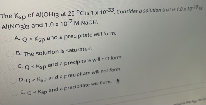 Solved The Ksp of Al(OH)3 at 25°C is 1 x 10-33. Consider a | Chegg.com