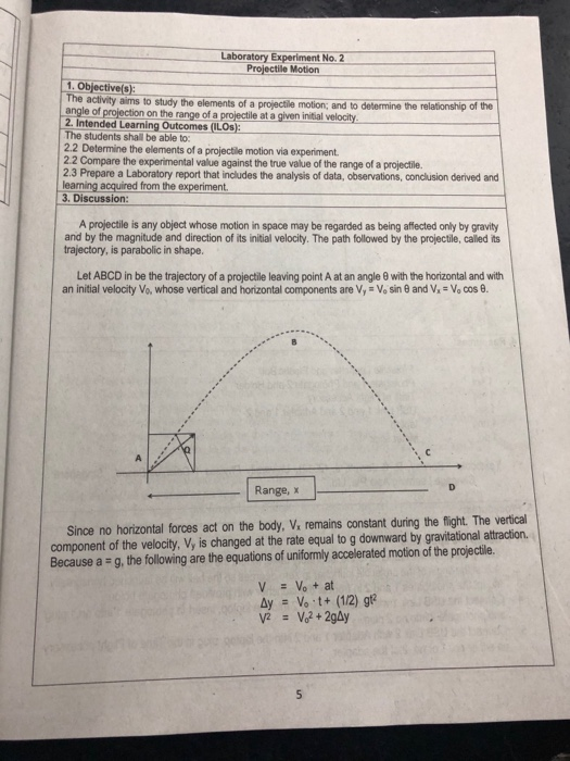 Laboratory Experiment No. 2 Projectile Motion 1. O... | Chegg.com