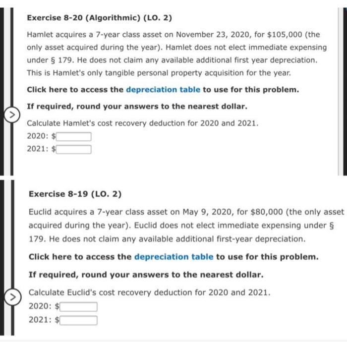 Solved Exercise 8-20 (Algorithmic) (LO. 2) Hamlet acquires a | Chegg.com