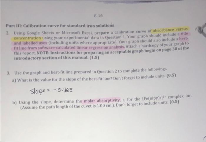 Solved Using the slope, determine the molar absorptivity, E | Chegg.com