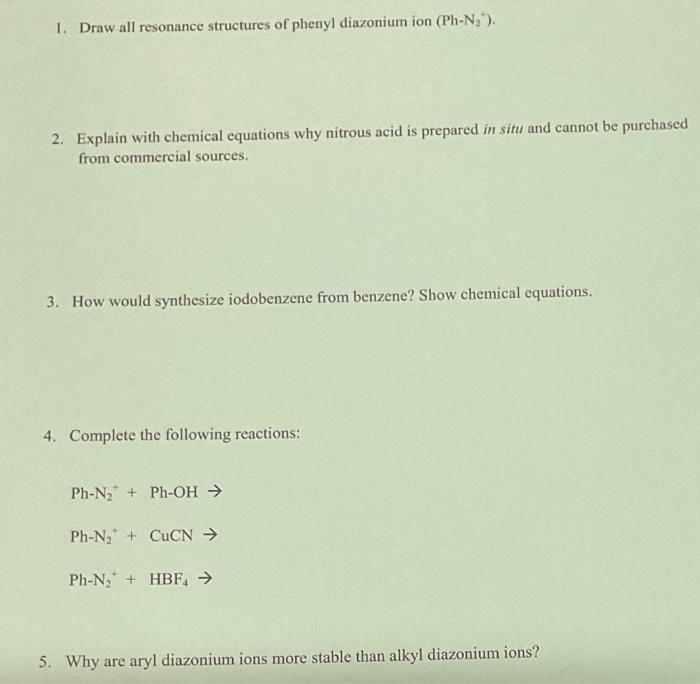 Solved 1. Draw all resonance structures of phenyl diazonium | Chegg.com