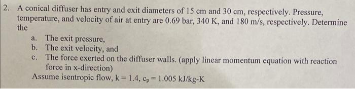 Solved 2 A Conical Diffuser Has Entry And Exit Diameters Of