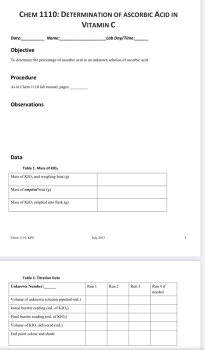 Observations Data Table 1. Mass of KiO2 Clem 1110, | Chegg.com