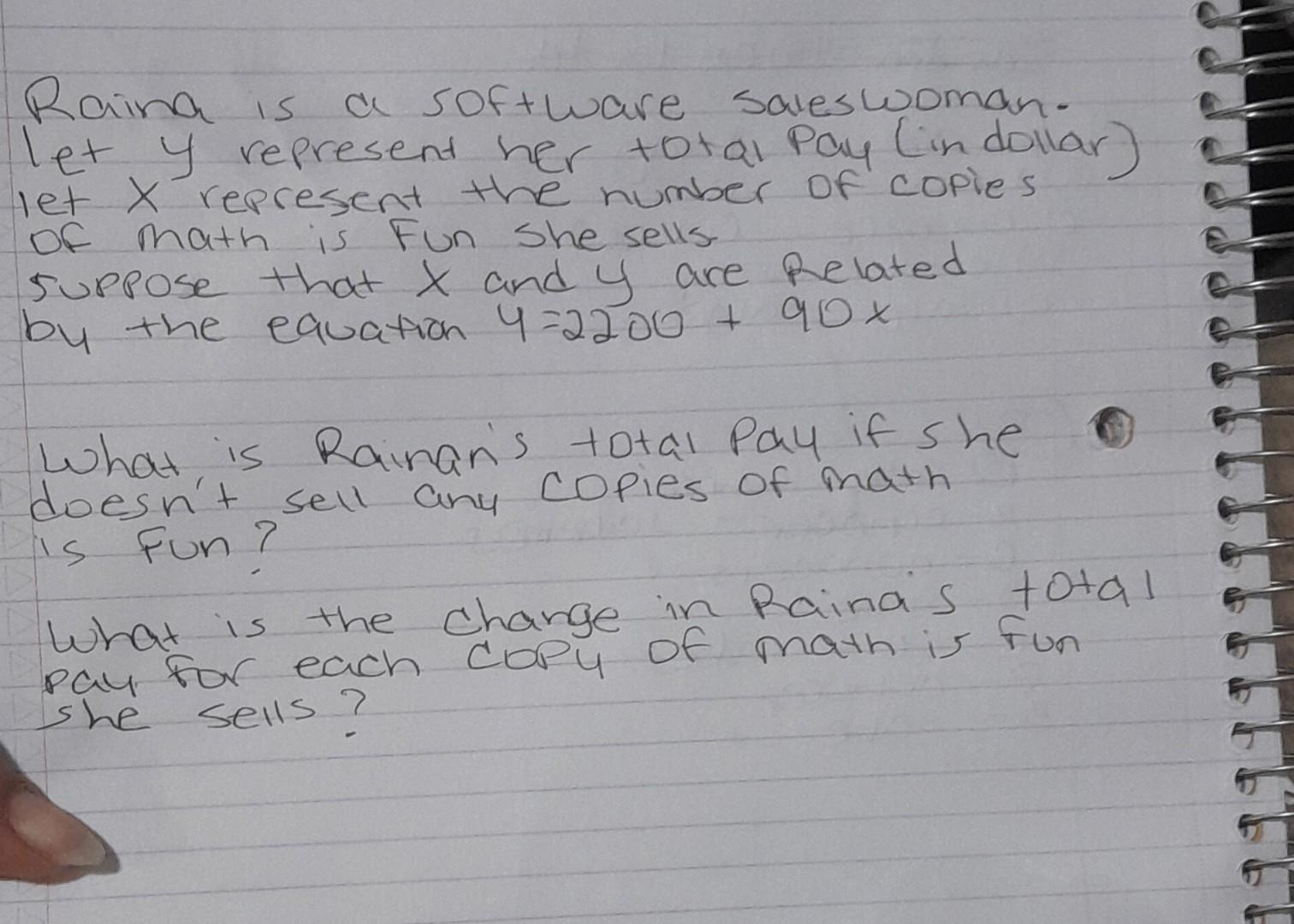 Solved Raina is a software saleswoman. let y represent her | Chegg.com