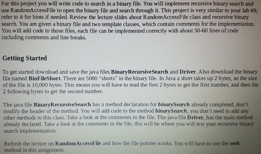 Solved For this project you will write code to search in a | Chegg.com