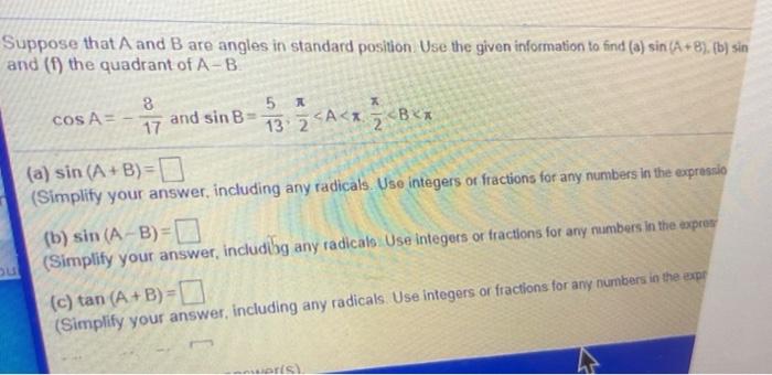 Solved Suppose that A and B are angles in standard position. | Chegg.com