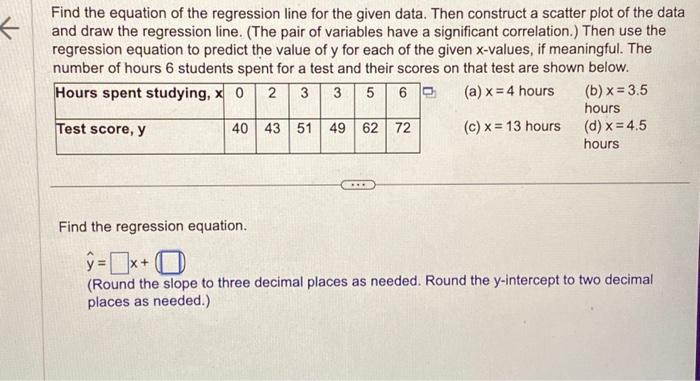 Solved Find the equation of the regression line for the | Chegg.com