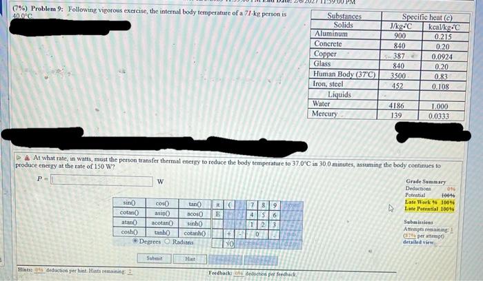 Solved (7\%) Problem 9: Following vigorous exercise, the | Chegg.com