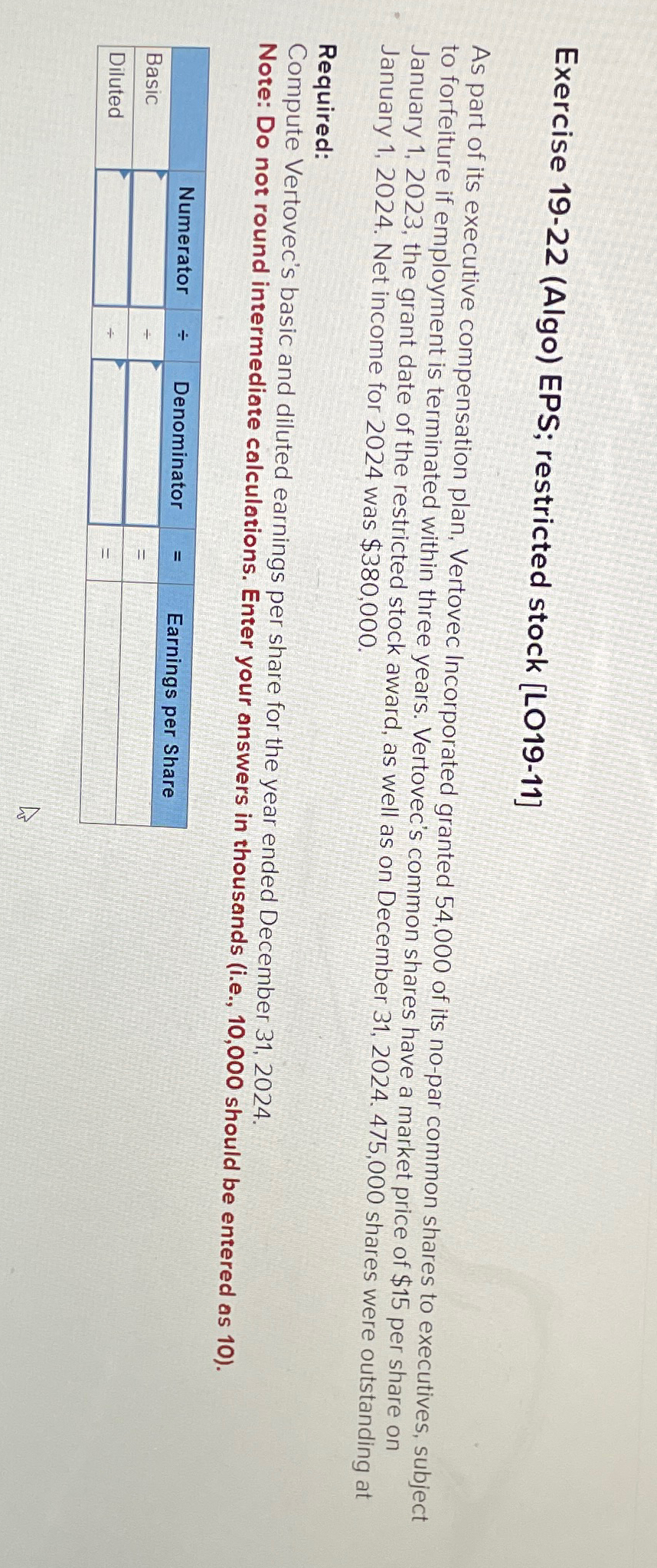 Solved Exercise 19-22 (Algo) ﻿EPS; restricted stock | Chegg.com