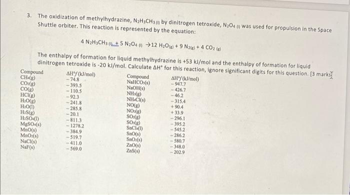 Solved 3. The oxidization of methylhydrazine, N2H3CH3 by | Chegg.com