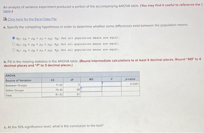 Solved An analysis of variance experiment produced a portion | Chegg.com
