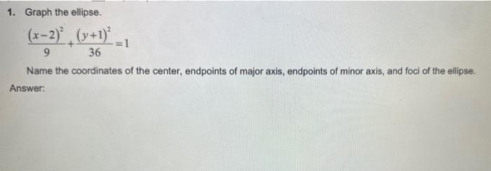 Solved 1. Graph the ellipse. 9(x−2)2+36(y+1)2=1 Name the | Chegg.com