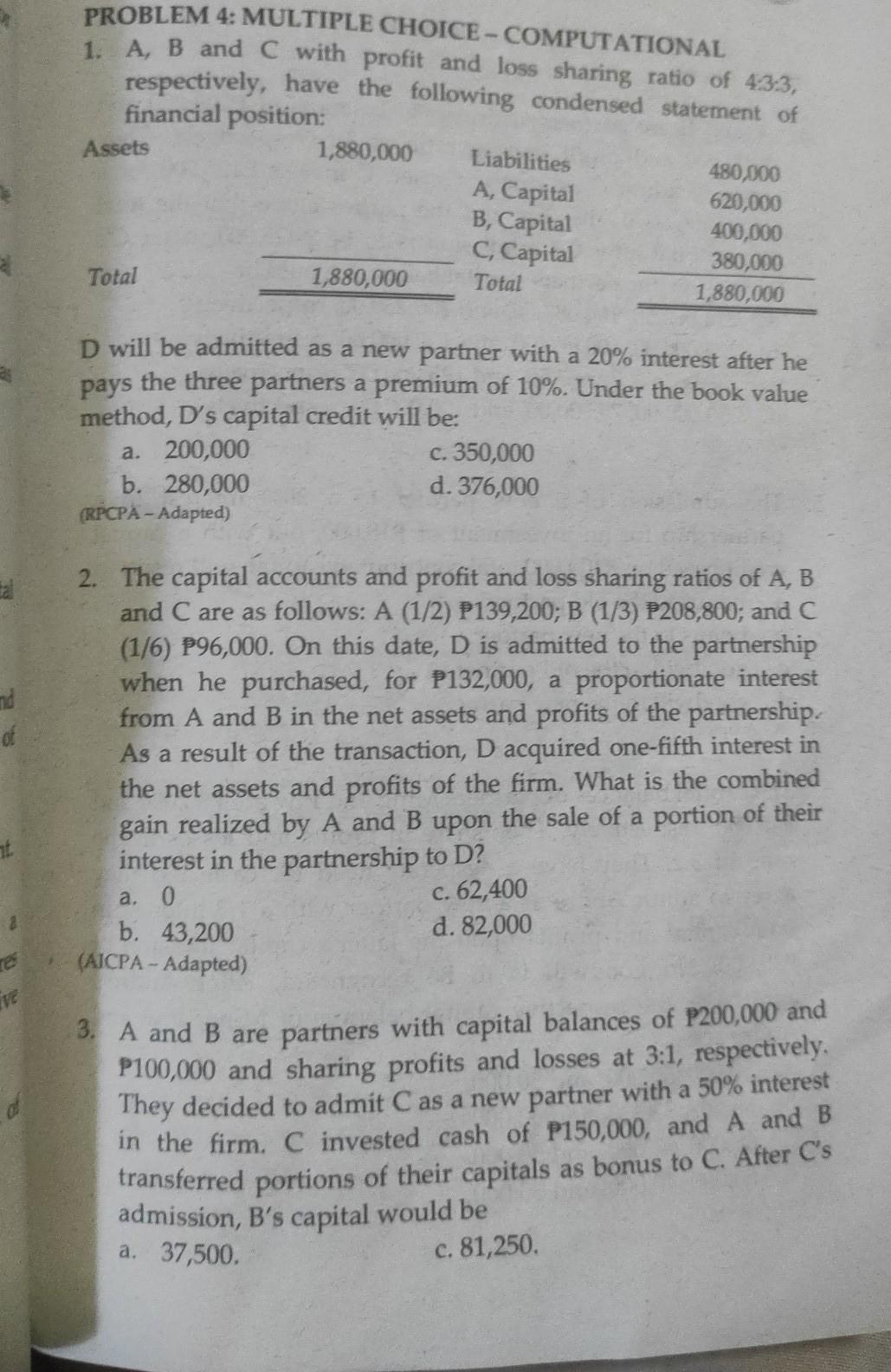 Solved PROBLEM 4: MULTIPLE CHOICE-COMPUTATIONAL 1. A, B and | Chegg.com