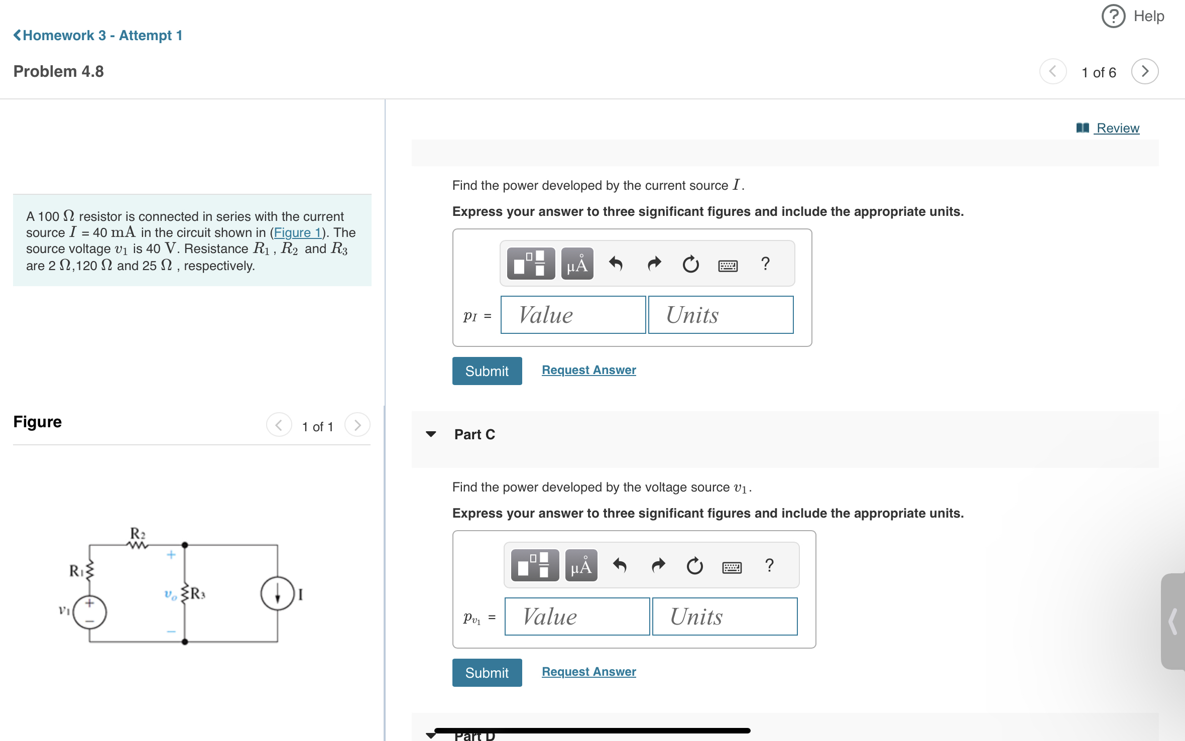 Solved I=40mAv_(1)40VR_(1),R_(2)R_(3)2\\\\Omega | Chegg.com