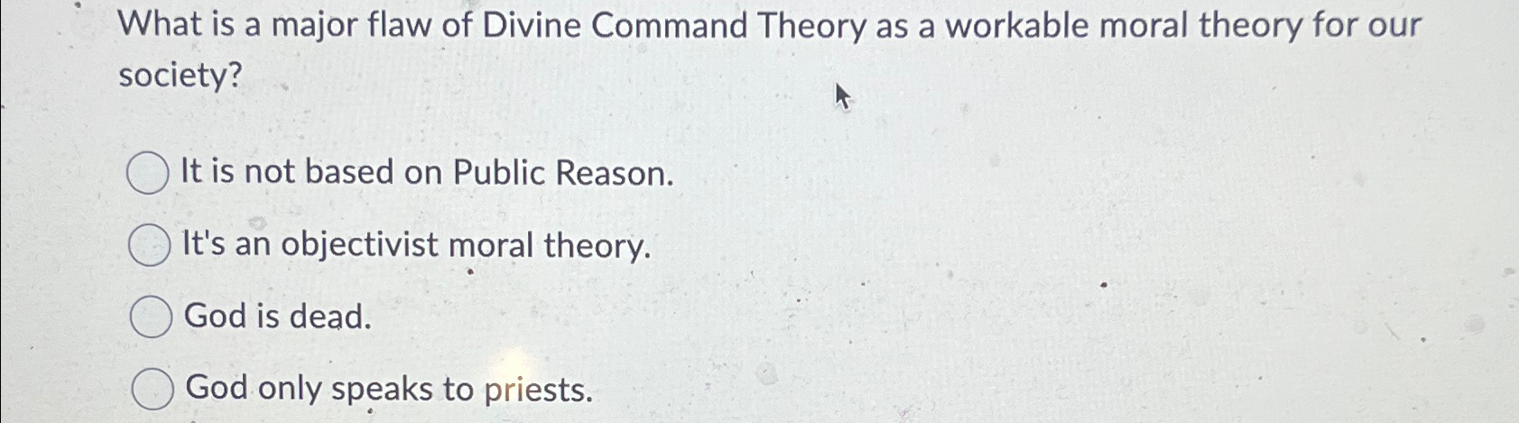 Solved What is a major flaw of Divine Command Theory as a | Chegg.com