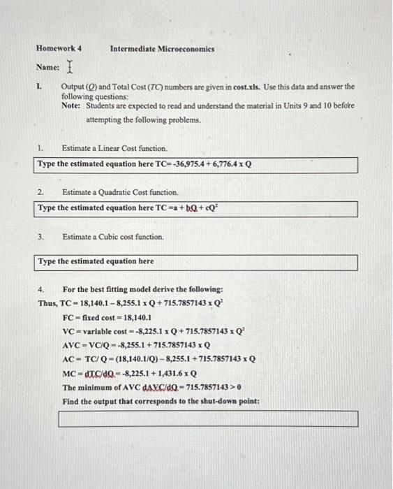 Solved Please help with #3 Estimate a Cubic cost function | Chegg.com