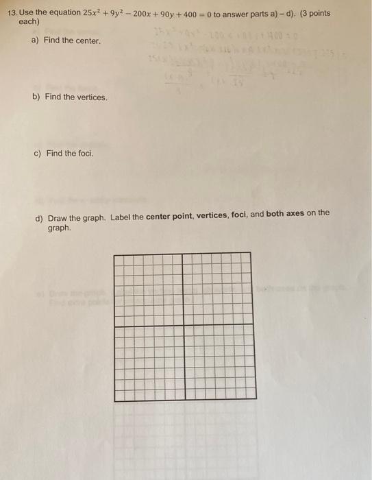 Solved 13. Use the equation 25x2+9y2−200x+90y+400=0 to | Chegg.com