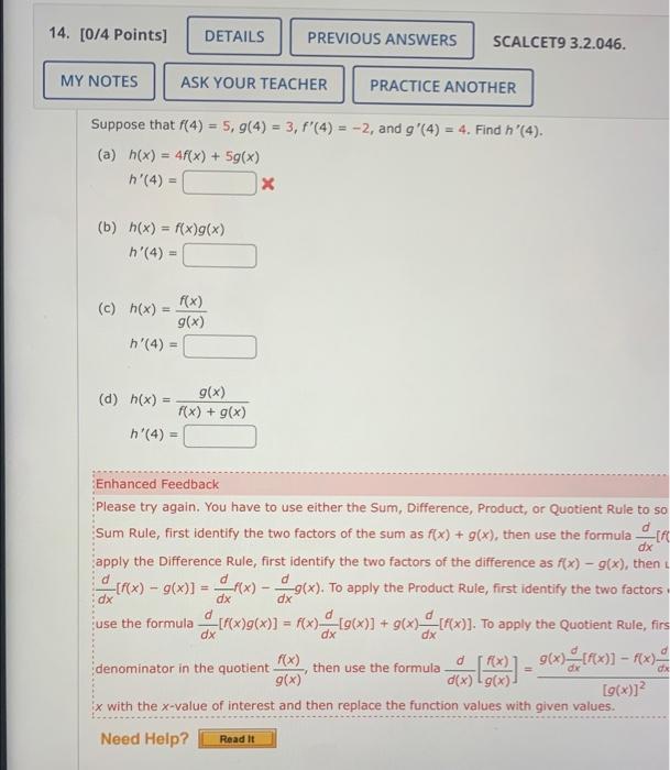 Solved Suppose that f(4)=5,g(4)=3,f′(4)=−2, and g′(4)=4. | Chegg.com