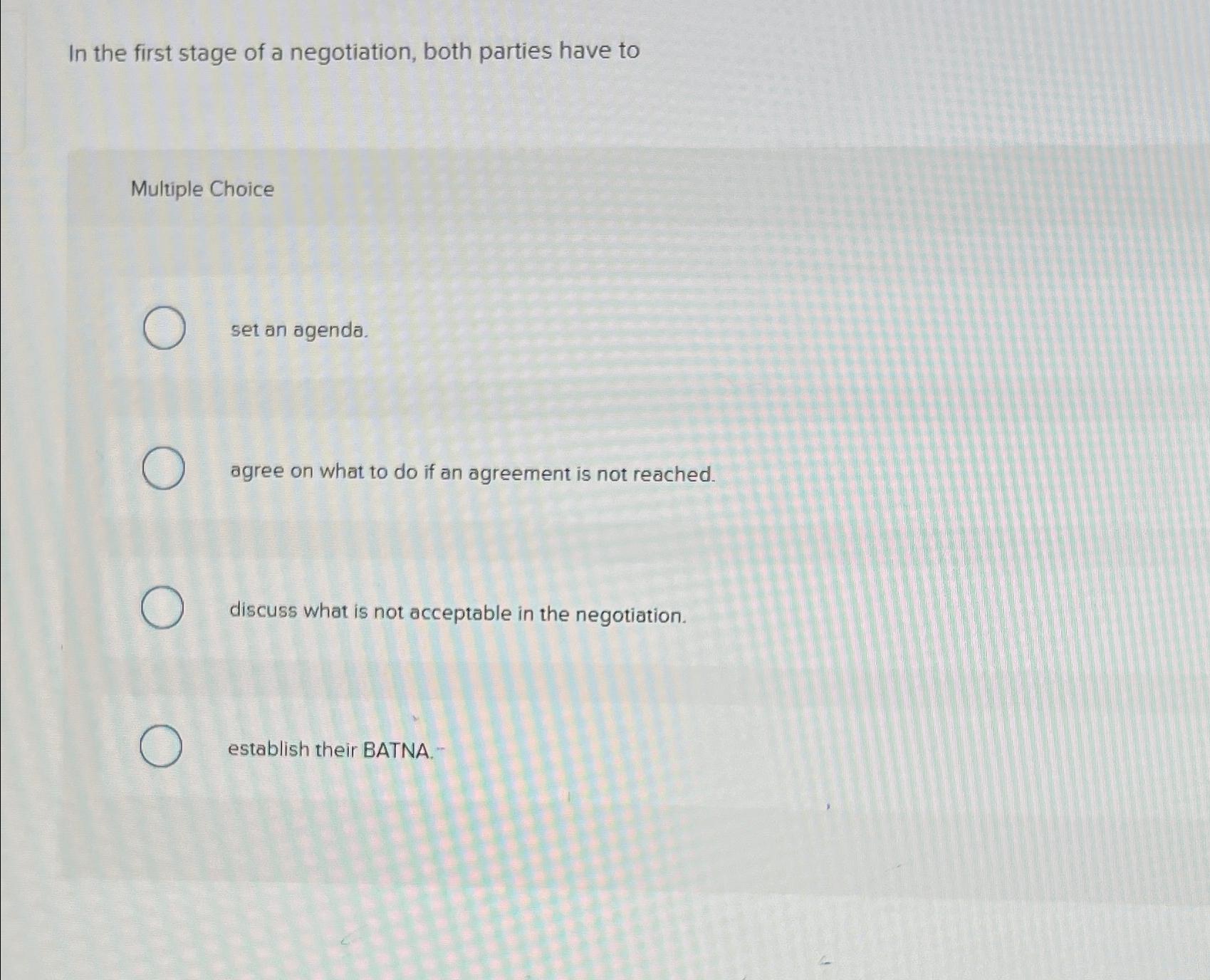 Solved In the first stage of a negotiation, both parties | Chegg.com