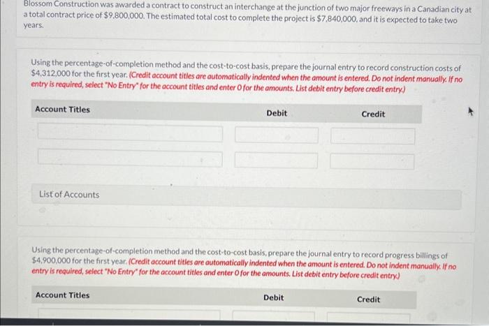Solved Blossom Construction was awarded a contract to | Chegg.com