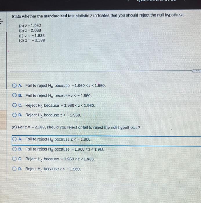 Solved State whether the standardized test statistic z | Chegg.com