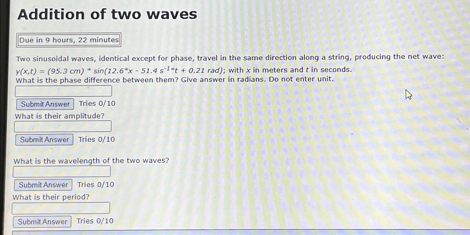 Solved Addition of two wavesTwo sinusoidal waves, identical | Chegg.com