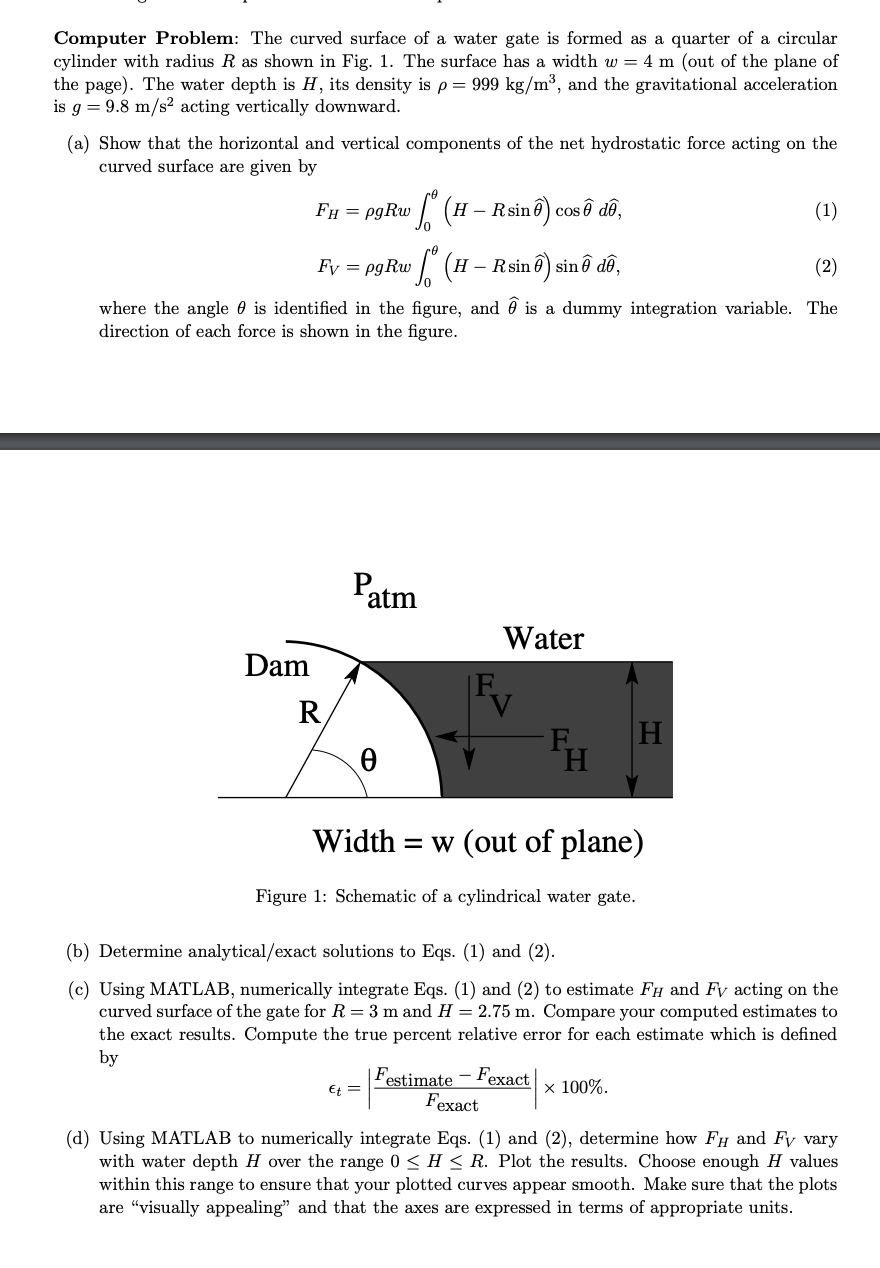Solved Computer Problem: The curved surface of a water gate | Chegg.com