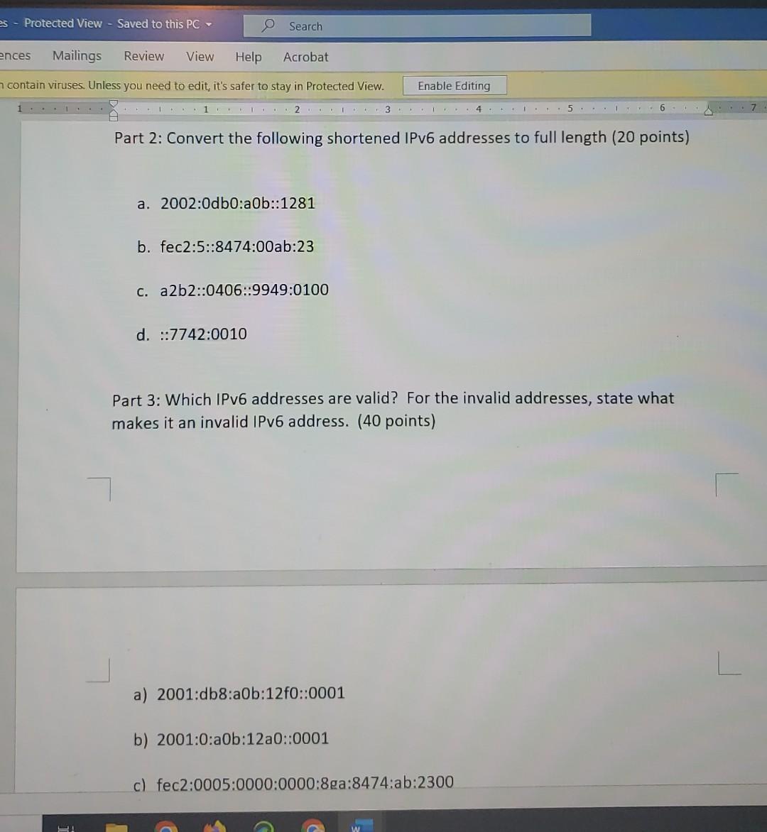 Solved Part 1: Shorten the following IPv6 Addresses (40 | Chegg.com