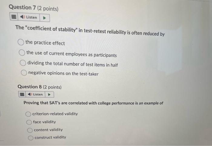 Solved The "coefficient of stability" in test-retest | Chegg.com