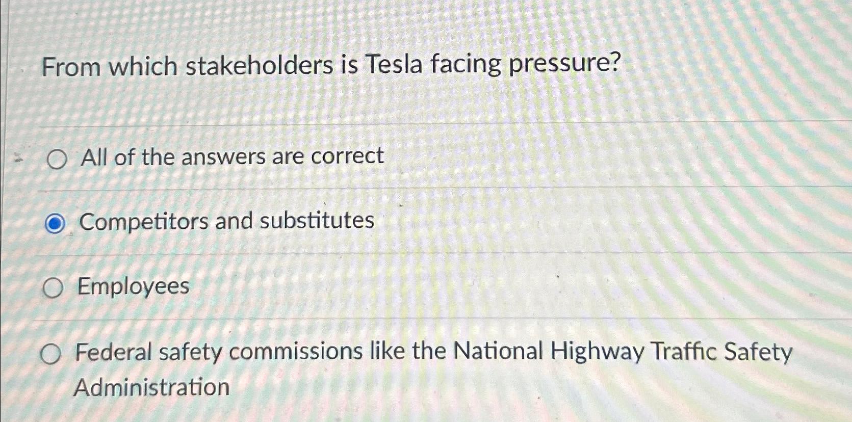 Solved From which stakeholders is Tesla facing pressure?All | Chegg.com