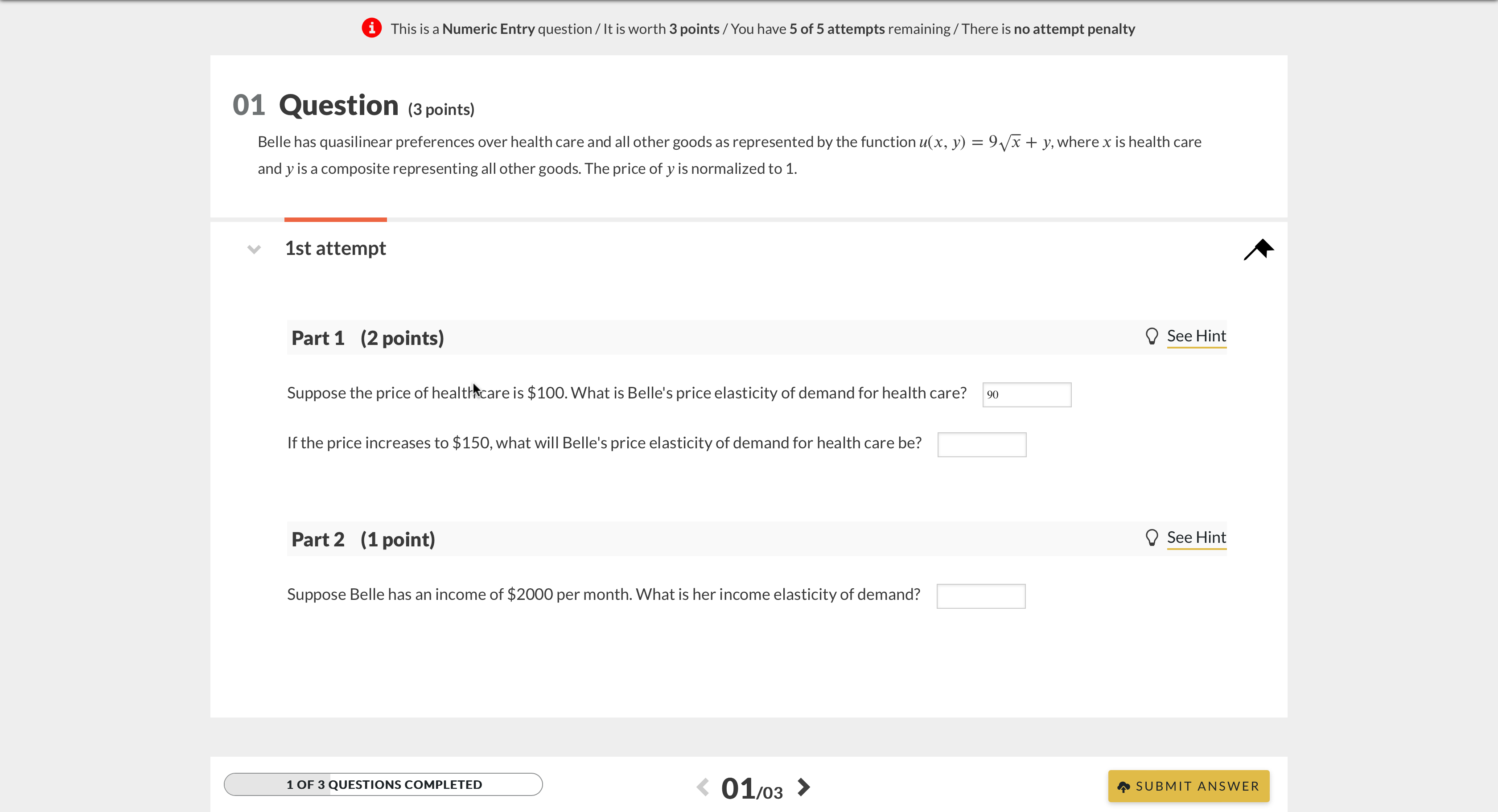 Solved 01 ﻿Question (3 ﻿points)Belle has quasilinear | Chegg.com