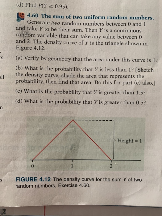 Solved (d) Find P(Y Z 0.95). 4.60 The sum of two uniform | Chegg.com