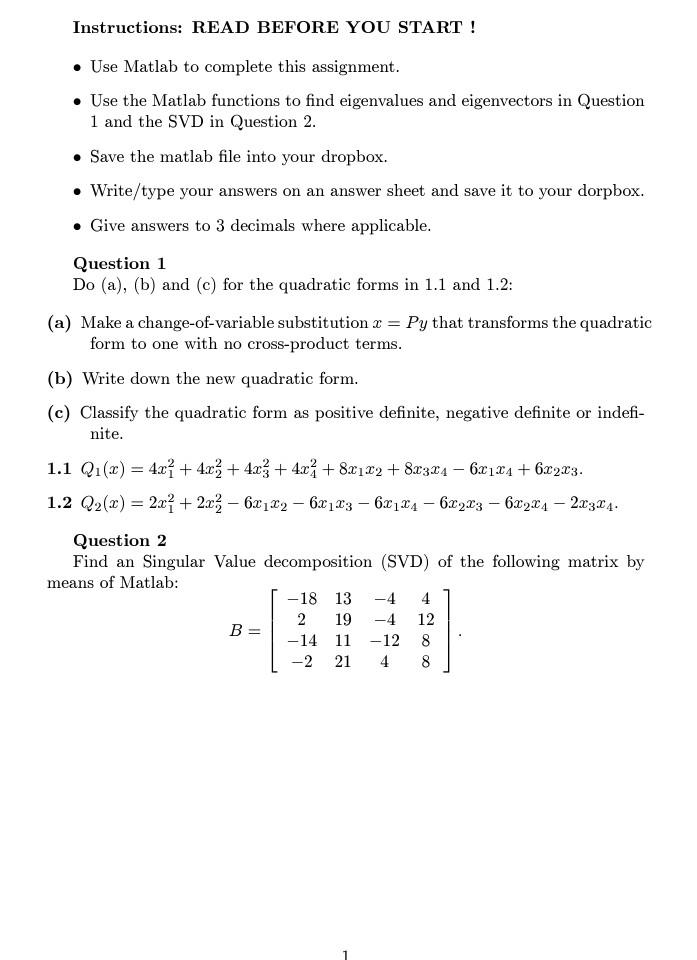 Solved Instructions: READ BEFORE YOU START ! - Use Matlab to | Chegg.com