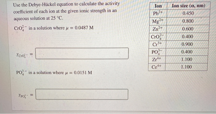Solved Use the Debye-Hückel equation to calculate the | Chegg.com
