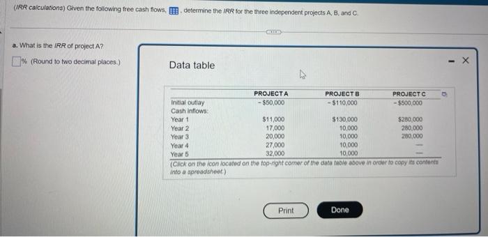 Solved (IRR calculations) Given the following free cash | Chegg.com