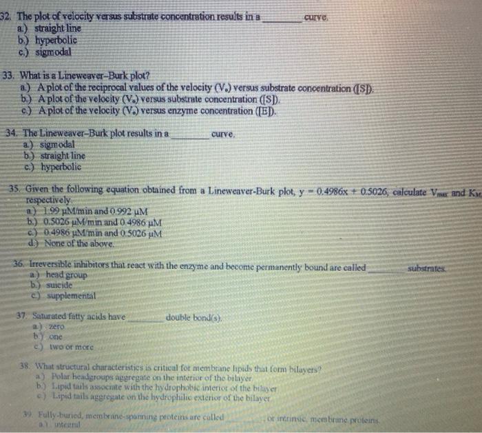 Solved curve 32. The plot of velocity versus substrate | Chegg.com