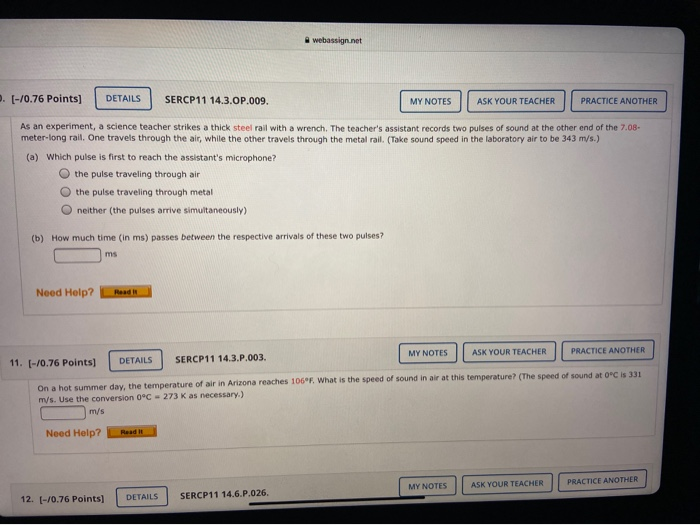 Solved webassign.net . [-10.76 Points] DETAILS SERCP11 | Chegg.com