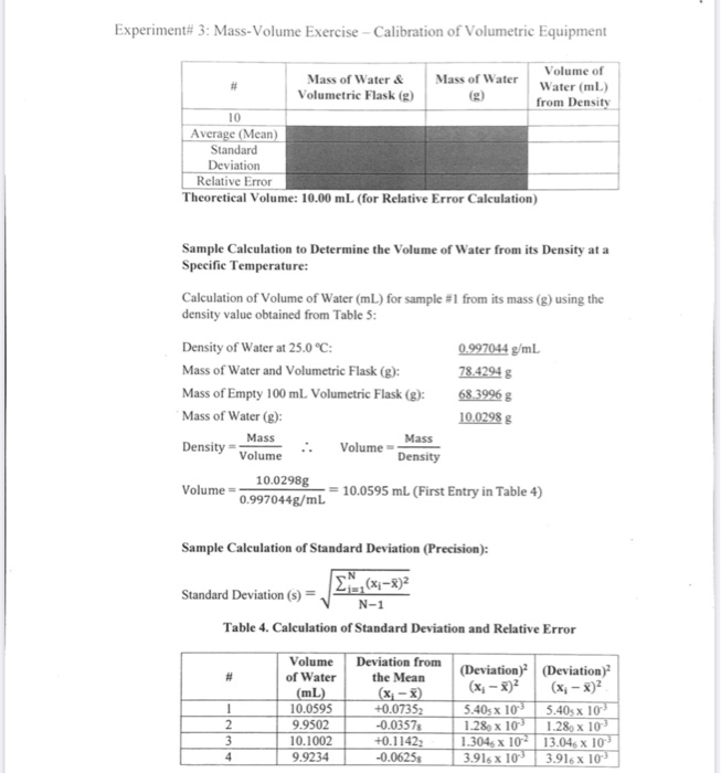 Solved Experiment# 3: Mass-Volume Exercise - Calibration of | Chegg.com