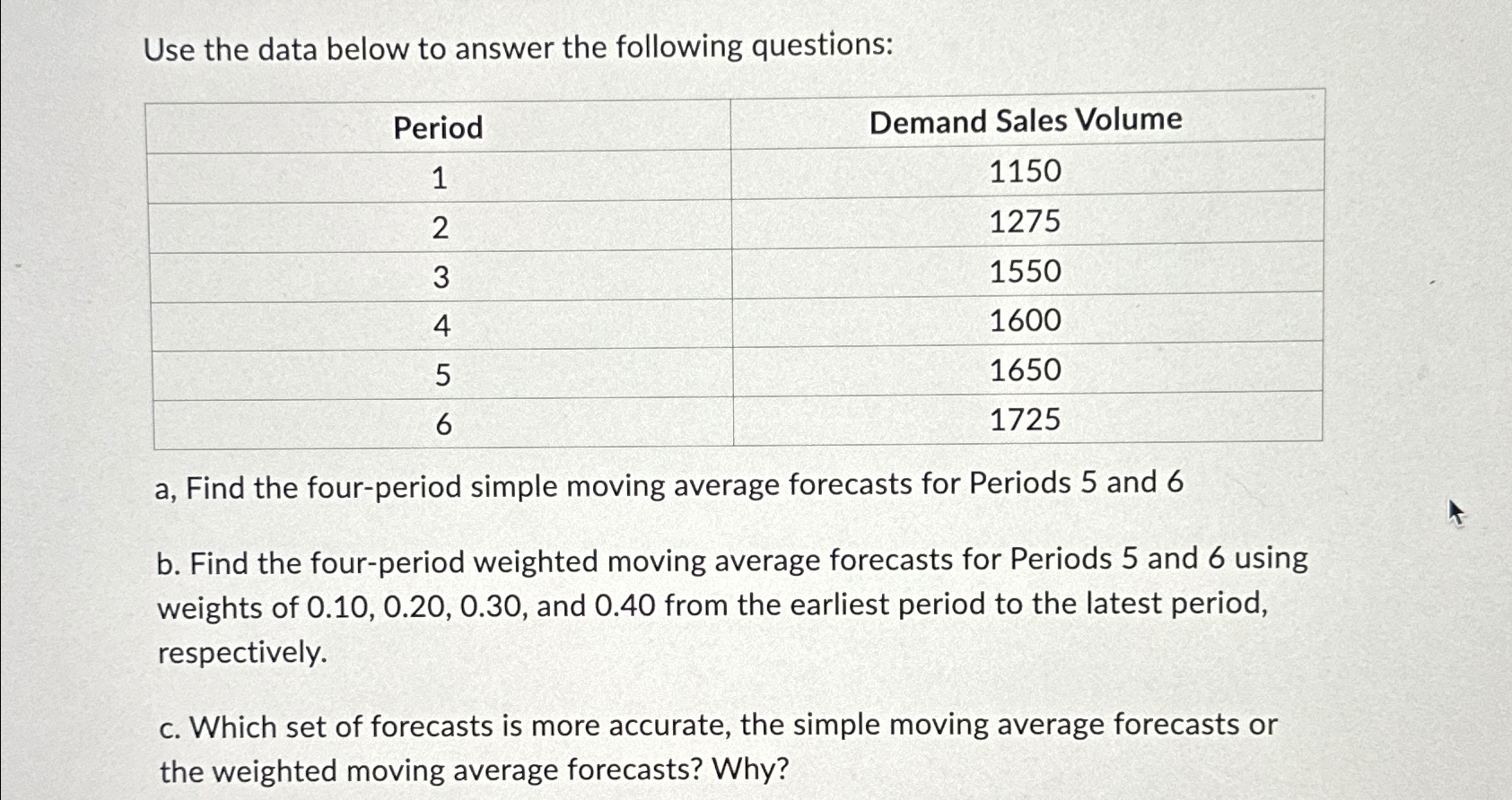 Solved Use the data below to answer the following | Chegg.com