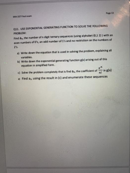 337 malena Q11. USE EXPONENTIAL GENERATING FUNCTION | Chegg.com