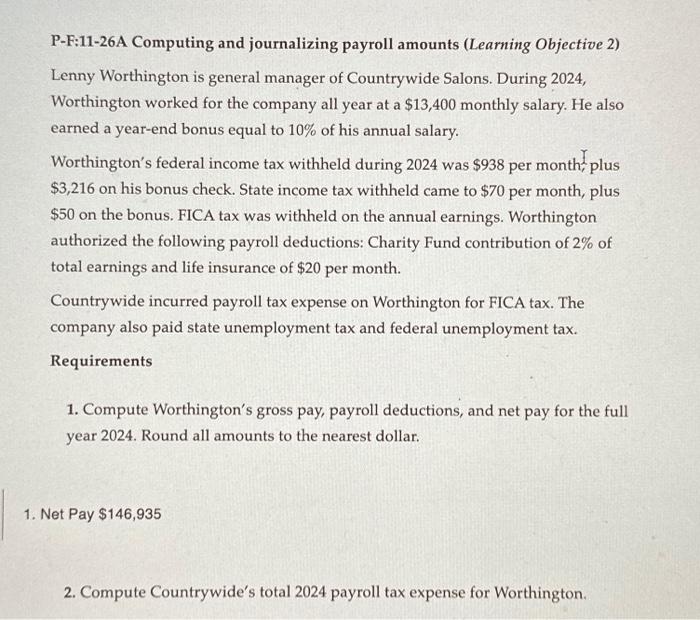 Solved P-F:11-26A Computing and journalizing payroll amounts | Chegg.com