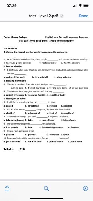 ESL 200 LEVEL TEST TWO: UPPER INTERMEDIATE VOCABULARY | Chegg.com